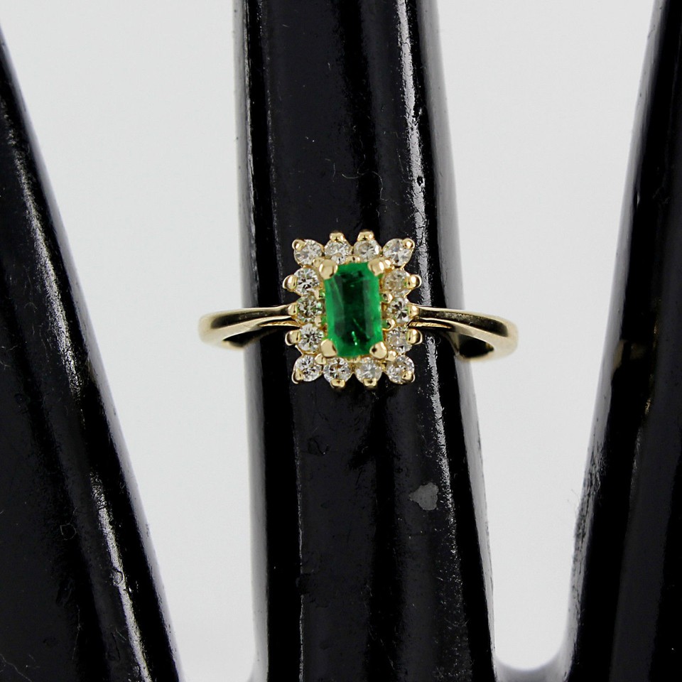 Estate 1/2 Ct Green Emerald With Diamond 14K Solid Yellow Gold Antique ...