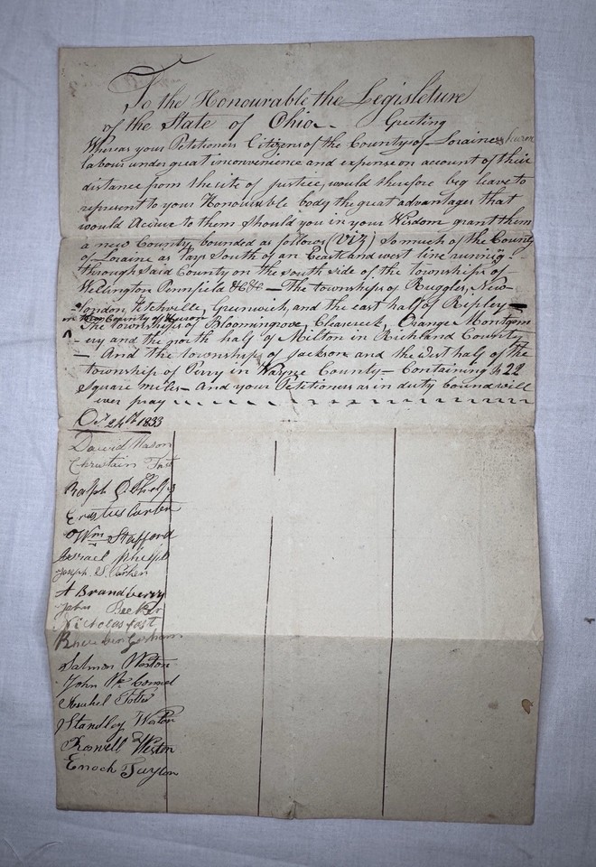 1833 Ohio Petitions to Form Ashland County w/ 100 Pioneer Signatures ...