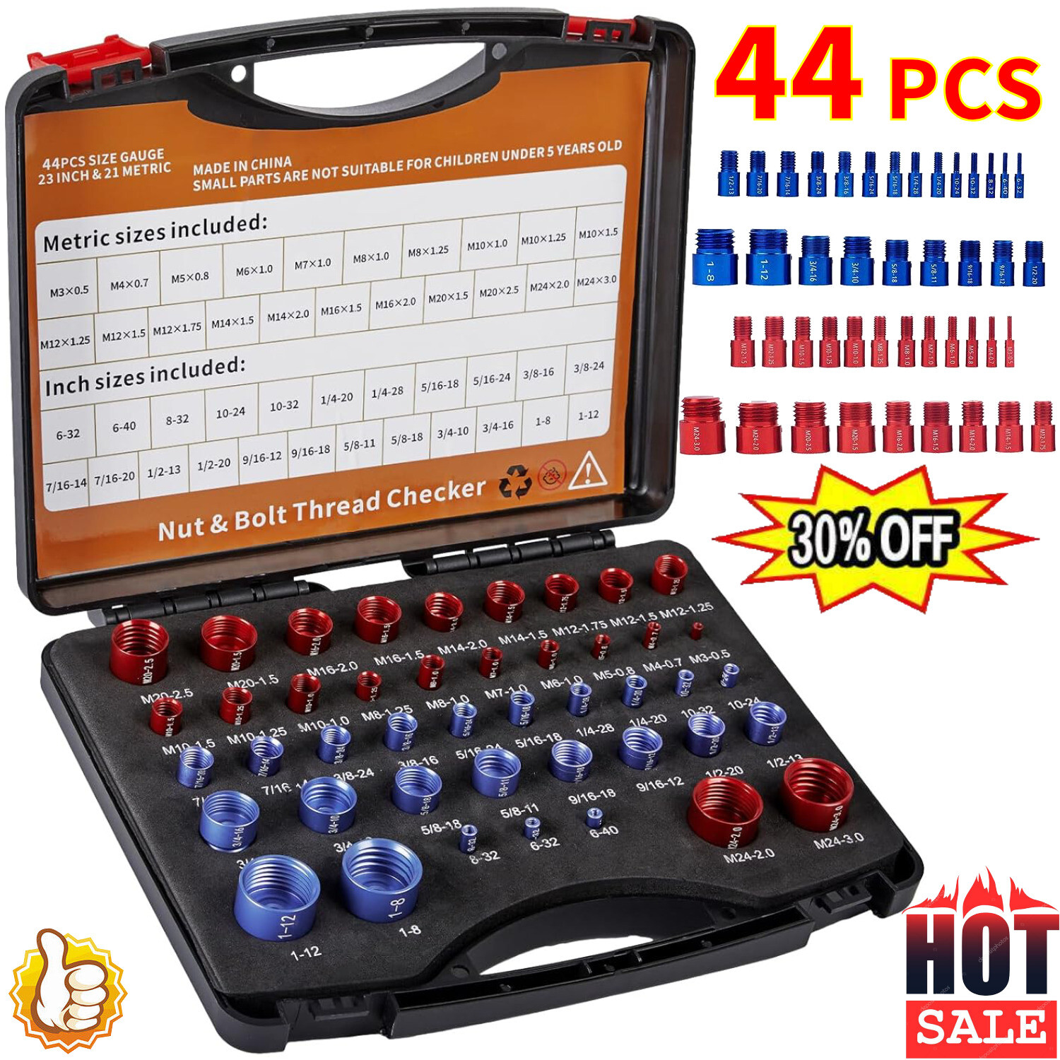 44PCS Inch & Metric Set Nut & Bolt Thread Checker Identifier Thread ...