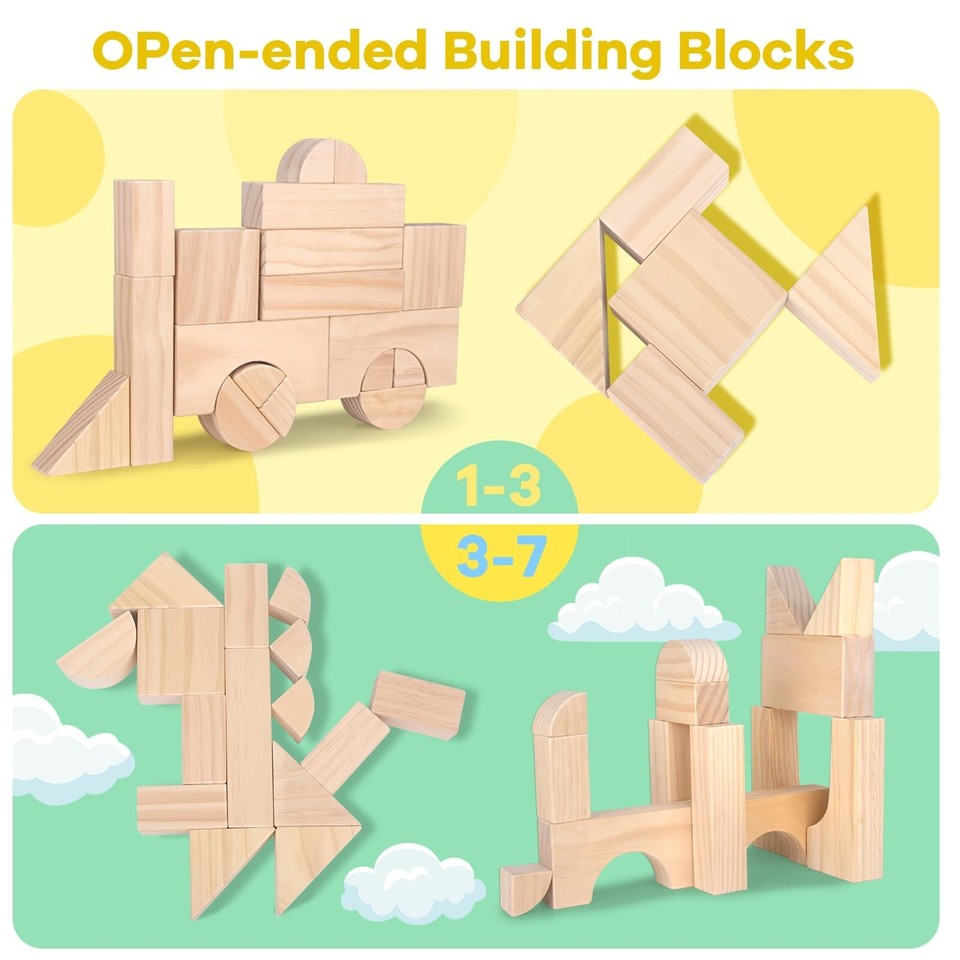 Large Wooden Blocks for Toddlers, 64 Pieces Big Wood Building Blocks ...