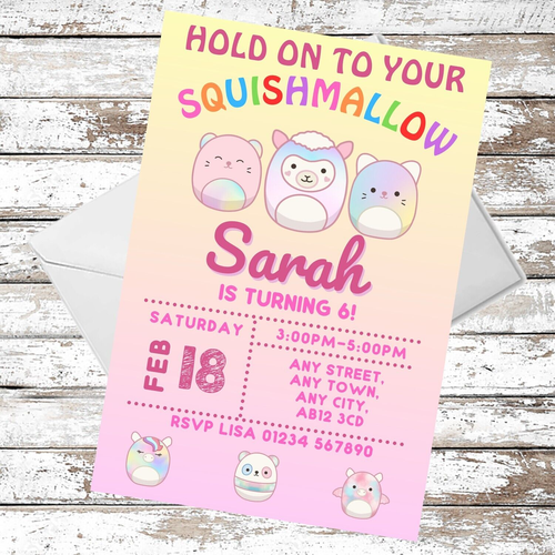 10 SQUISHMALLOW PERSONALISED BIRTHDAY PARTY INVITATIONS WITH ENVELOPES ...
