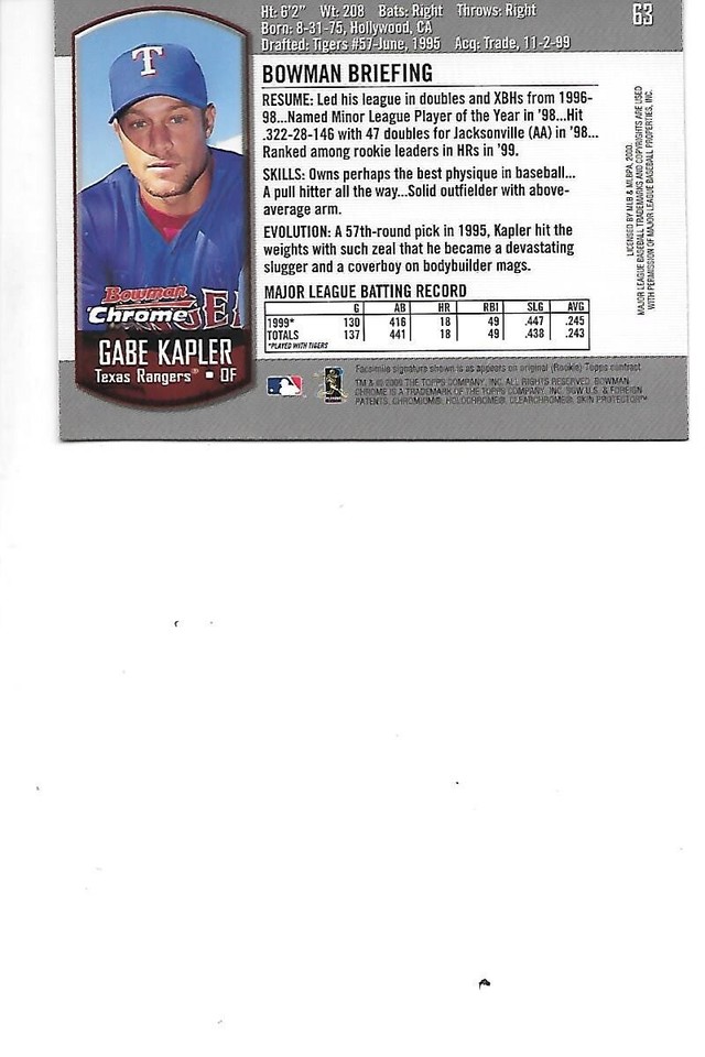 Gabe Kapler 2000 Bowman Chrome Baseball Card #63 Texas Rangers | eBay