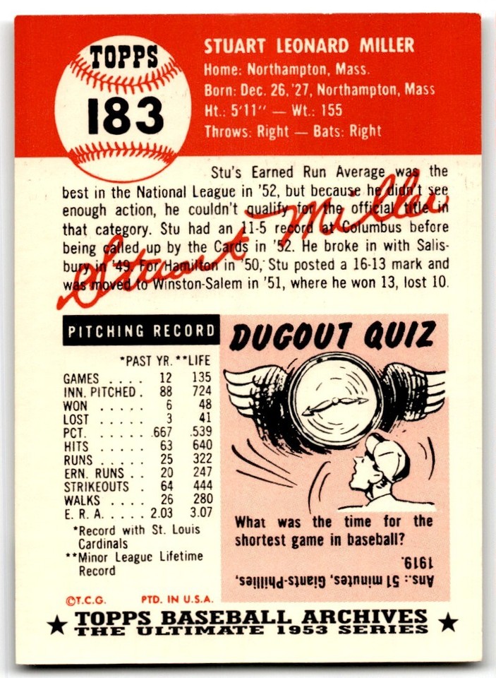 1991 TOPPS ARCHIVES 1953 STU MILLER ST. LOUIS CARDINALS #183 | eBay