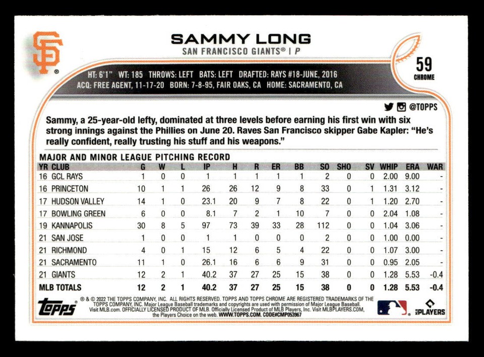 2022 Topps Chrome #59 Sammy Long Rookie Card San Francisco Giants | eBay