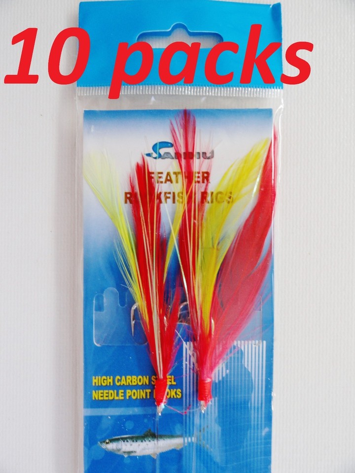3-100 packs size 3/0 rock cod rigs red/yellow feather rockfish baits-2 ...