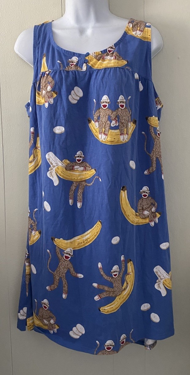 Nick & Nora Sock Monkey Banana Night Gown Pajamas Size XXL Sleeveless ...