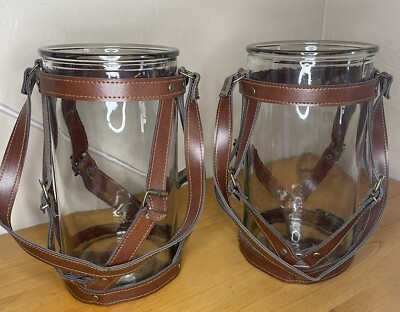 2 Hurricane Glass Lantern Candle Holder, Leather Straps Lantern Holder ...