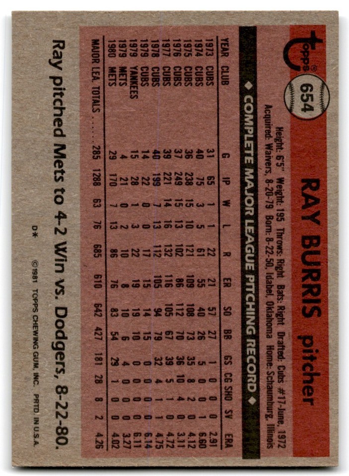 1981 Topps Ray Burris . New York Mets #654 | eBay