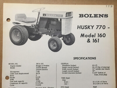 Vtg Bolens Catalog Insert Husky 770 Garden Tractor 160 161 Mower 1968 ...