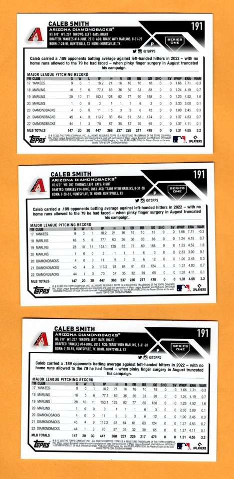 (3x) 2023 Topps Baseball #191 - Caleb Smith Dbacks UNLIMITED SHIPPING ...