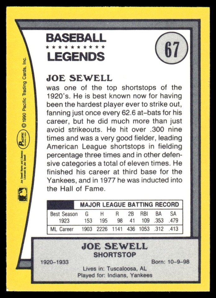 1990 Pacific Legends #67 Joe Sewell - New York Yankees | eBay