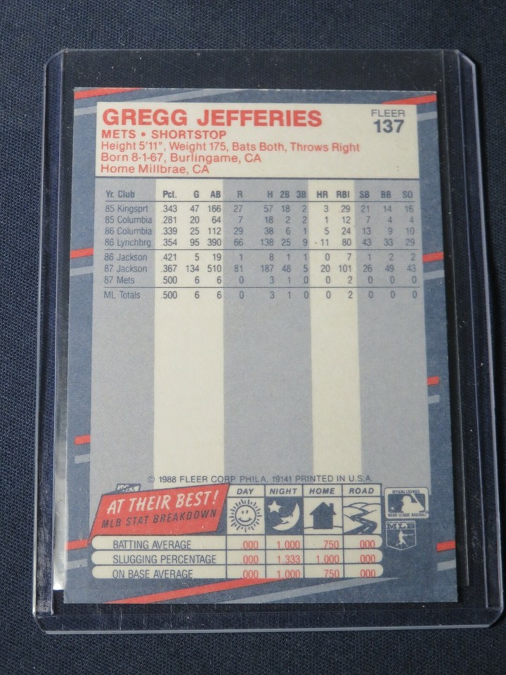 1988 Fleer GREGG JEFFERIES ROOKIE Card #137 New York Mets MINT in ...