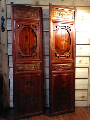 Two Chinese Shutter Hand Carved Painted Panels Opens Antique | eBay