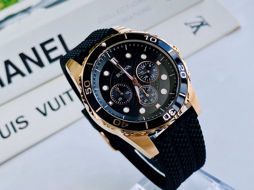 Bulova 98A192 Sport Chronograph Rose Gold Tone Rubber Strap Men's Watch ...