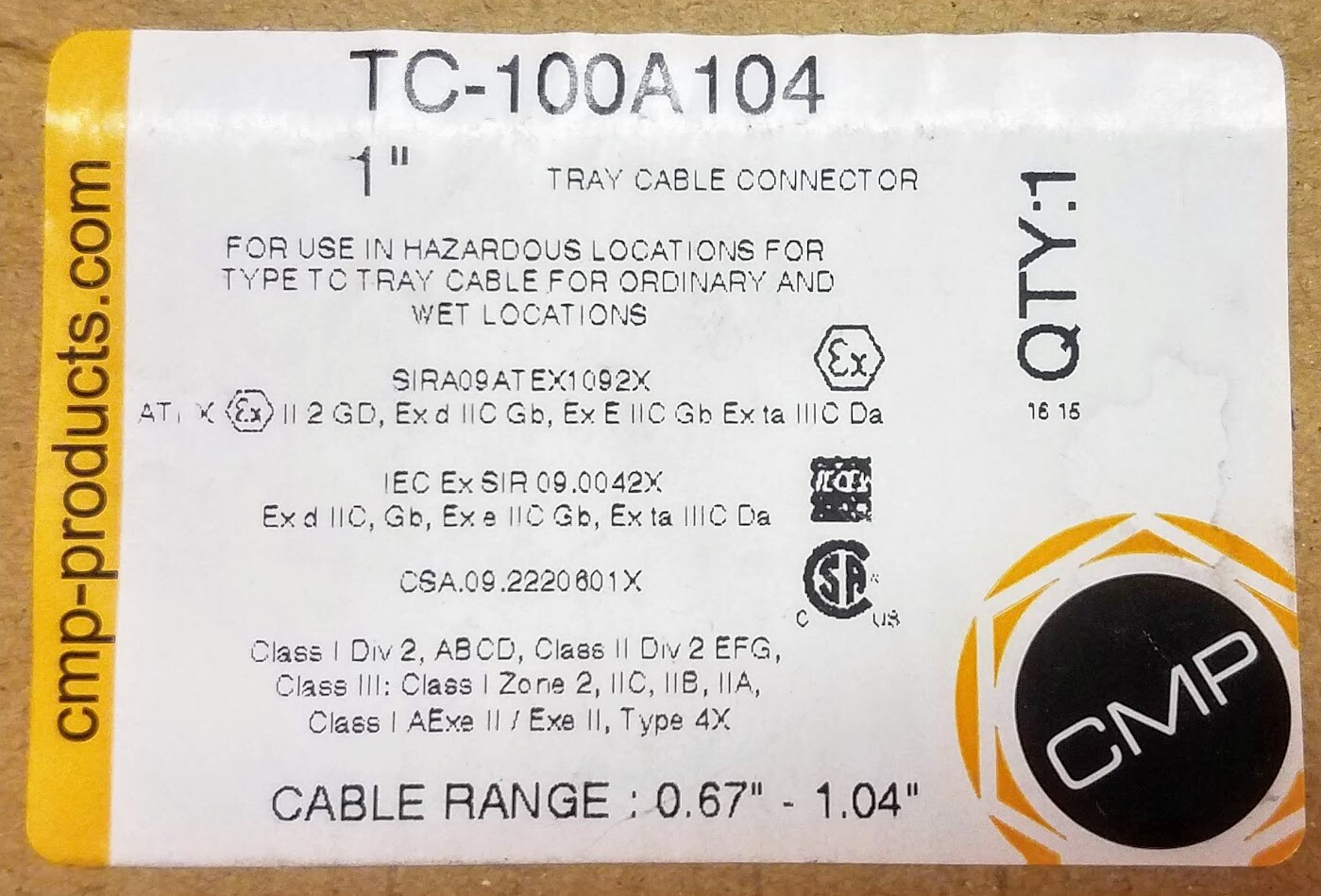CMP 1" Tray Cable Connector Tc-100a104 for Hazardous Locations for sale ...