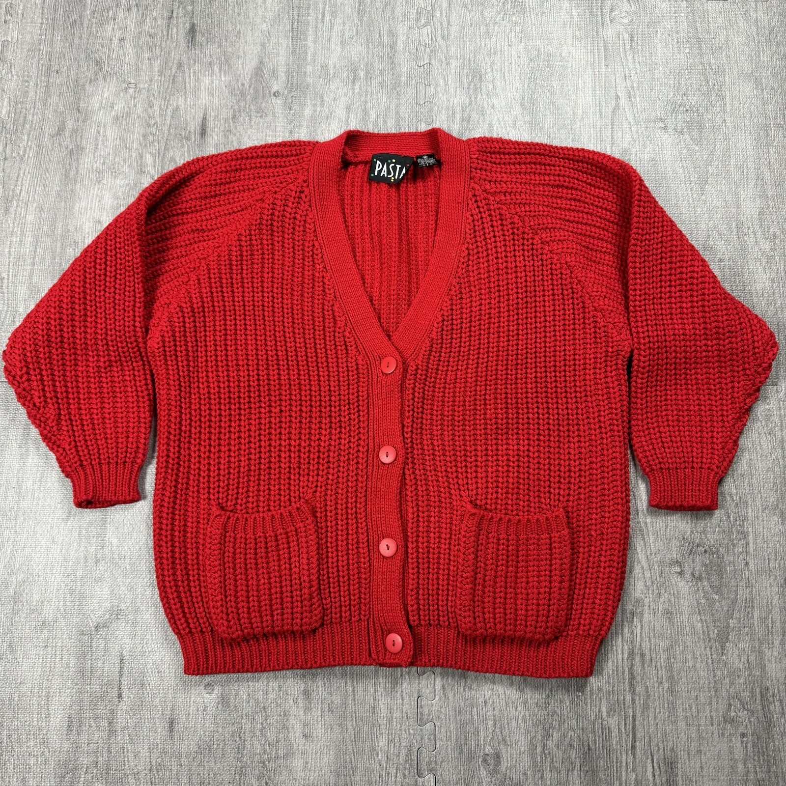 VTG 80S PASTA CHUNKY KNIT 4-BUTTON CARDIGAN ACRYLIC RETRO RED SWEATER ...
