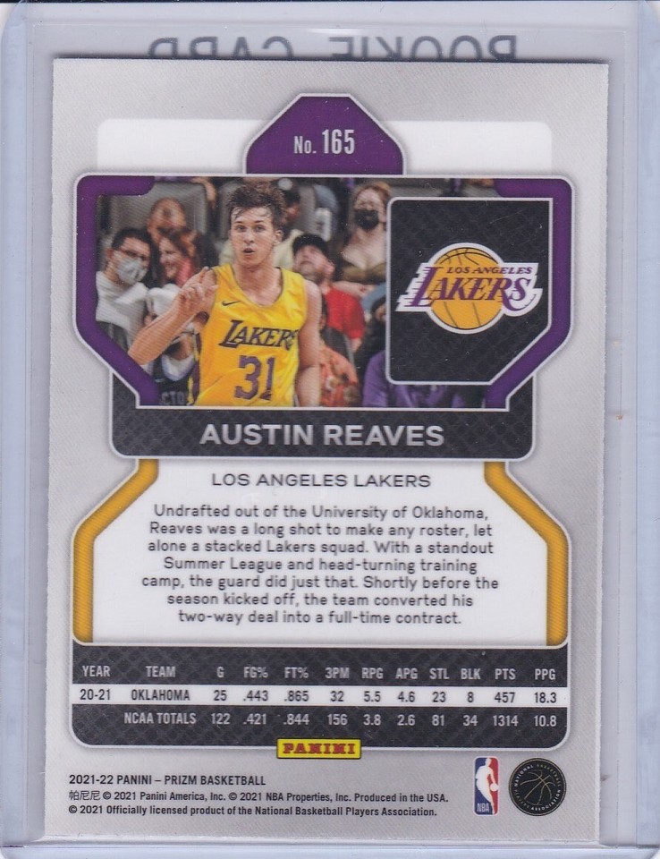 AUSTIN REAVES ROOKIE CARD Los Angeles Lakers Basketball 2021 PANINI ...