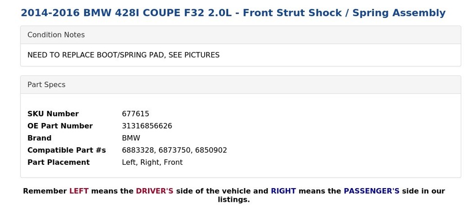 2014-2016 BMW 428I COUPE F32 2.0L - Front Strut Shock / Spring Assembly ...