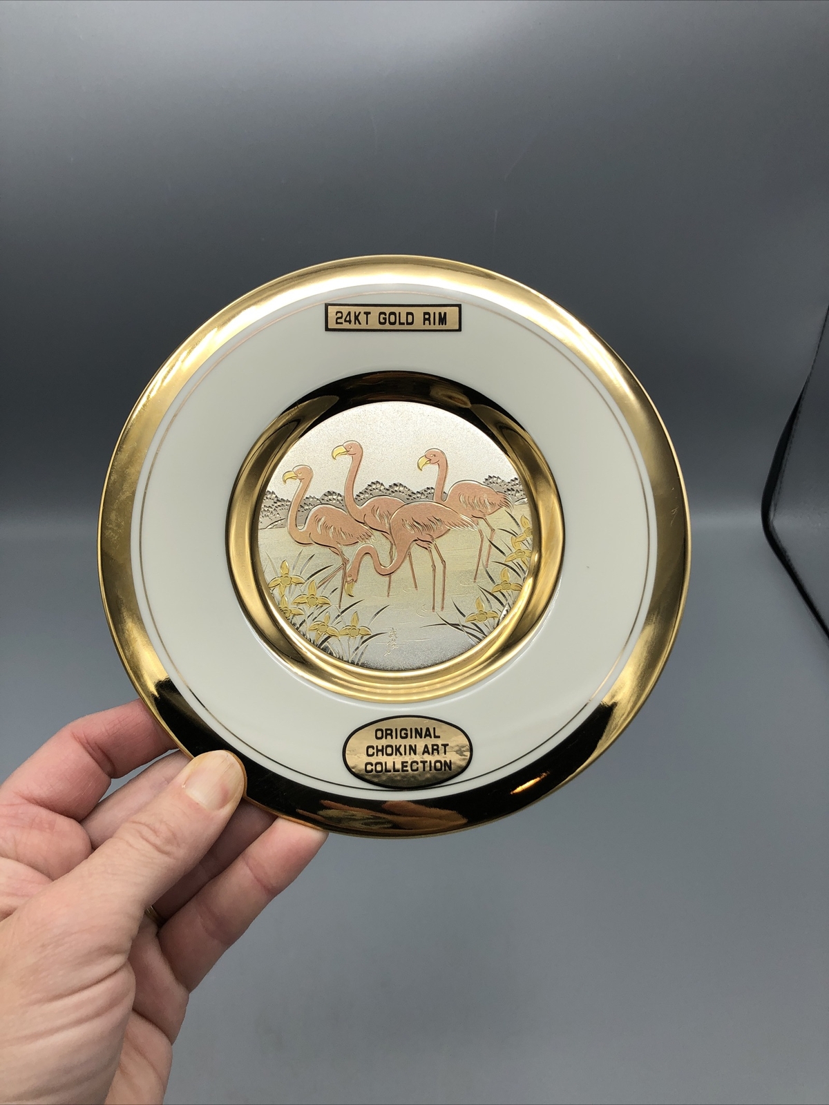 Dynasty Gallery Chokin Art Pink Flamingo 24kt Gold Rim Original ...