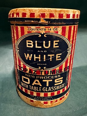 ANTIQUE BLUE & WHITE ROLLED OATS 1LB HOT BREAKFAST CEREAL CONTAINER BOX ...