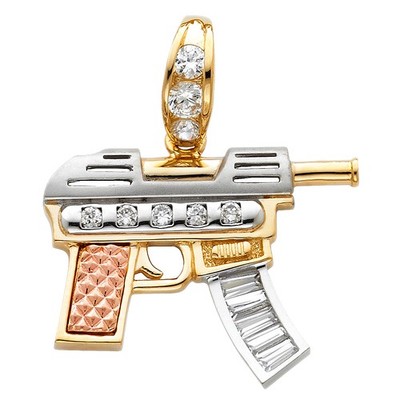 14k Tri-Color Gold Machine Gun Pendant Polished Clear CZ Diamond-Cut ...