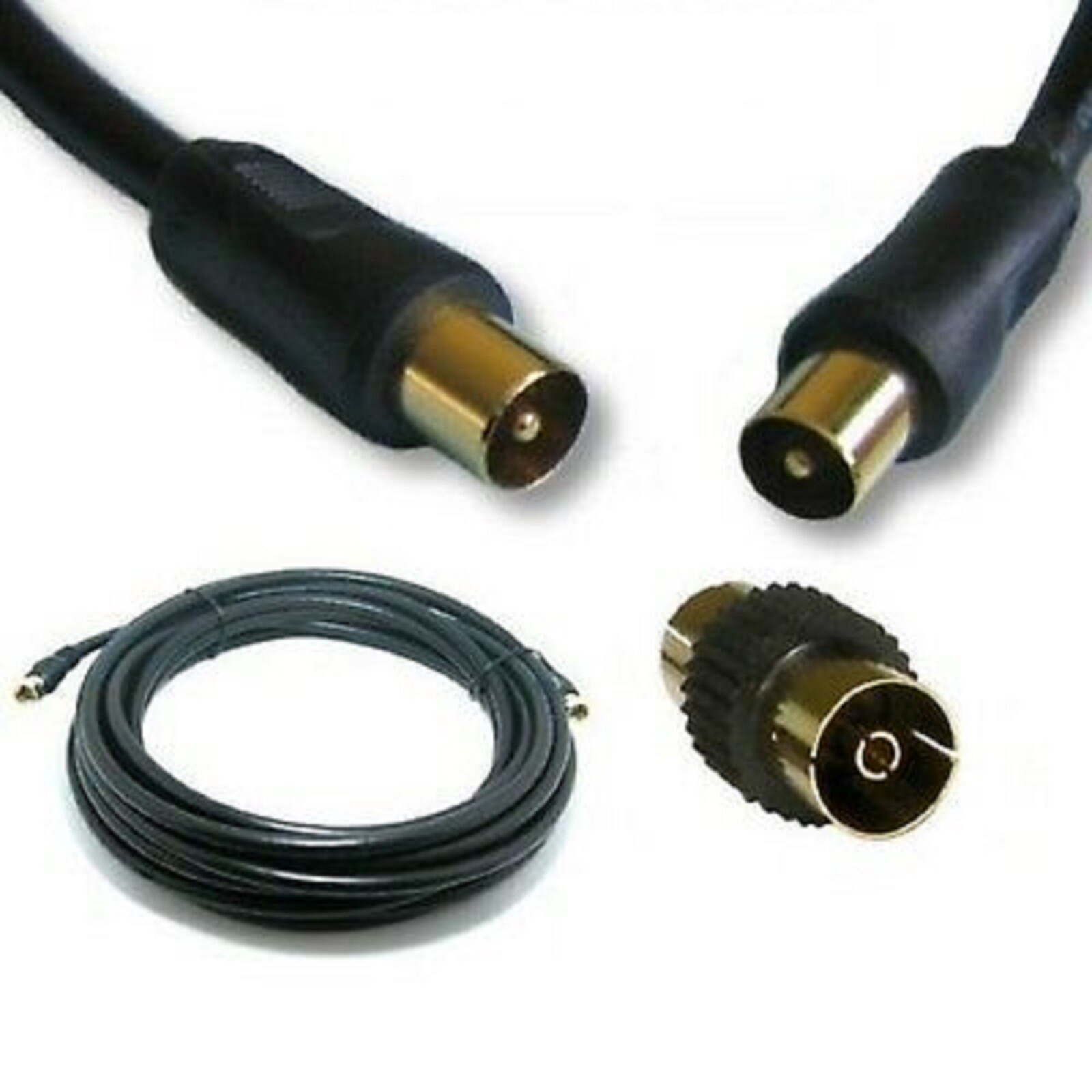 COAXIAL TV ARIAL LEAD CABLE MALE TO MALE & ADAPTER/COUPLER 1M,1.8M,3M ...