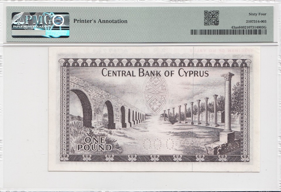 CYPRUS 1 POUNDS 1969 BANKNOTE RARE SPECIMEN P43as UNC PMG 64 ONLY ONE ...