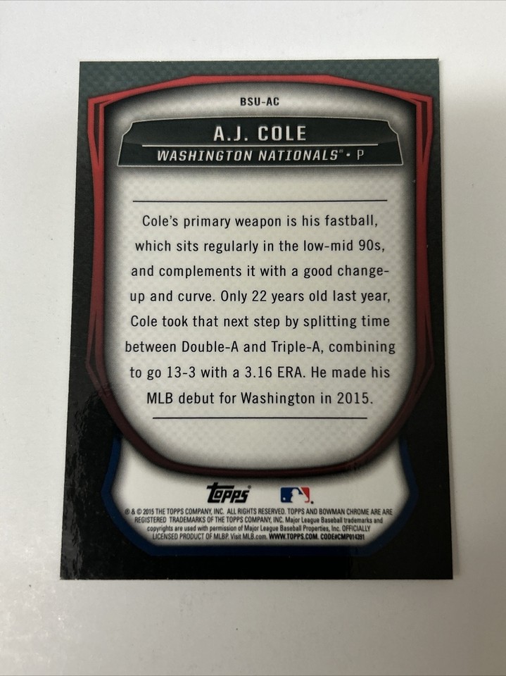 A.J. Cole Autographed 2015 Bowman Scouts Top 100 #BSU-AC In Person N593 ...