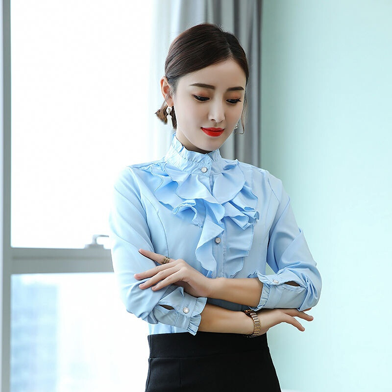 Office Lady High Neck Ruffle Shirt Blouse Long Sleeve Slim Fit Formal ...