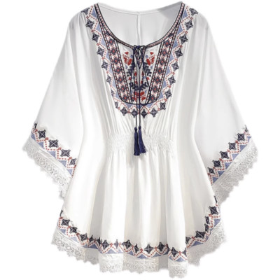 Ethnic Women Chiffon Shirt Half Sleeve Lace Trim Tunic Blouse Pullover ...