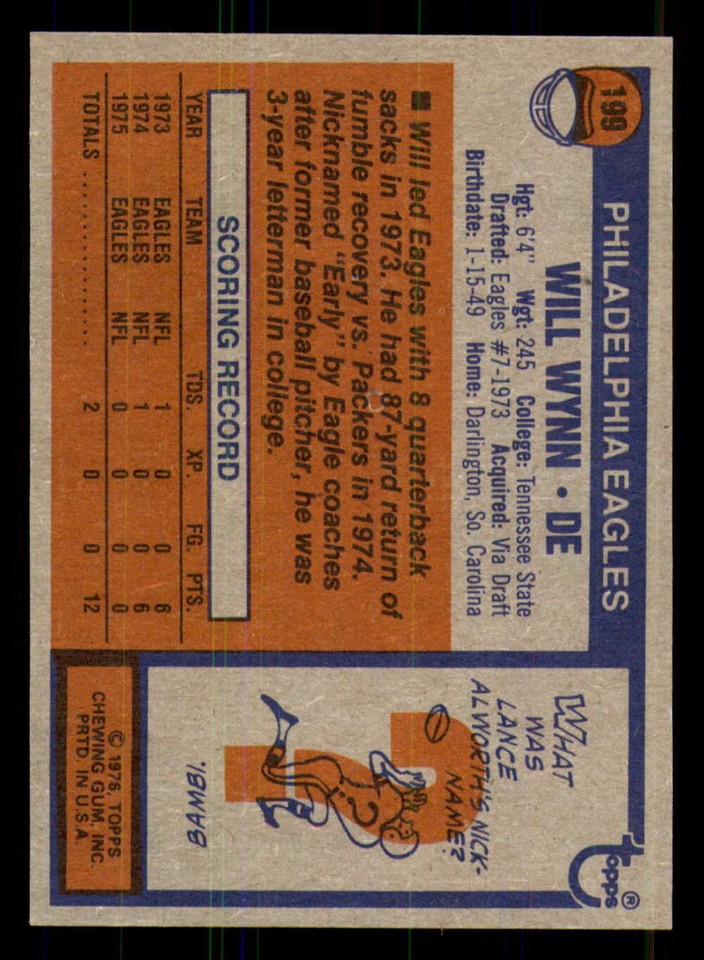 1976 Topps #199 Will Wynn Near Mint Eagles ID:369478 | eBay