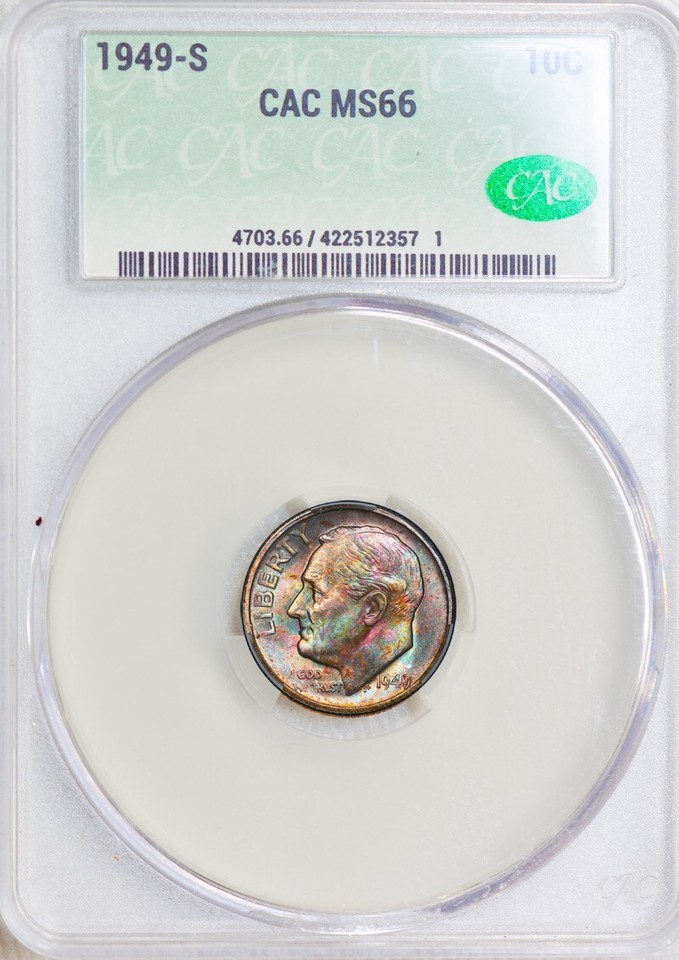 1949-S CAC MS66 - ROOSEVELT DIME (10cts) GORGEOUS MULTICOLOR TONED ...