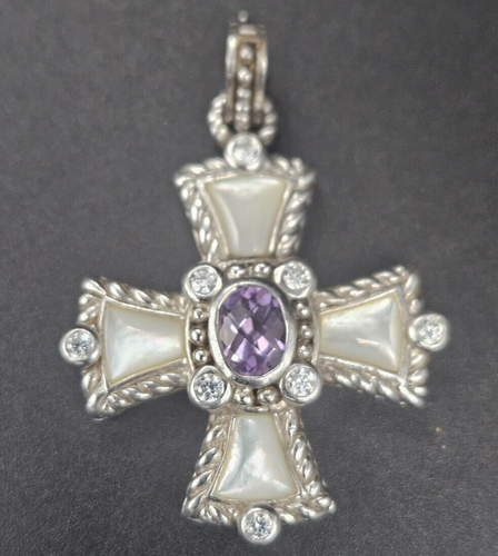 Judith Ripka Designer 2" Sterling Silver CZ MOP Amethyst Cross Pendant ...