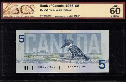 1986 RADAR Note $5.00 BCS UNC-60 2957592 RARE 4-Digit Canada KEY Five ...