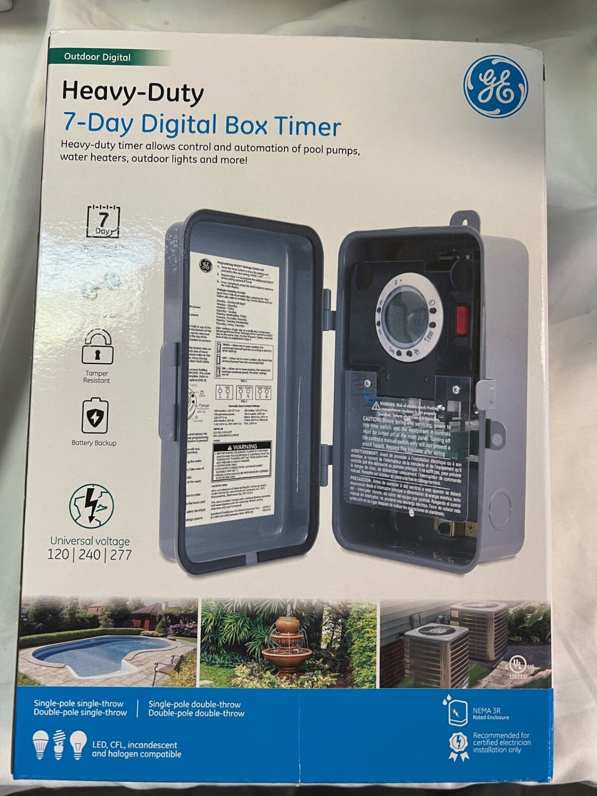 GE Heavy-Duty 7-Day Digital Metal Box Timer, Outdoor 7 Day 7 on/off per ...