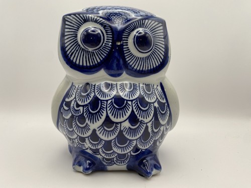 Cobalt Blue & White Porcelain Ceramic Owl Statue Figurine 6” Tall Bird ...