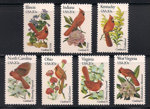 CARDINALS - STATE BIRDS - SET OF 7 U.S. POSTAGE STAMPS - MINT CONDITION ...