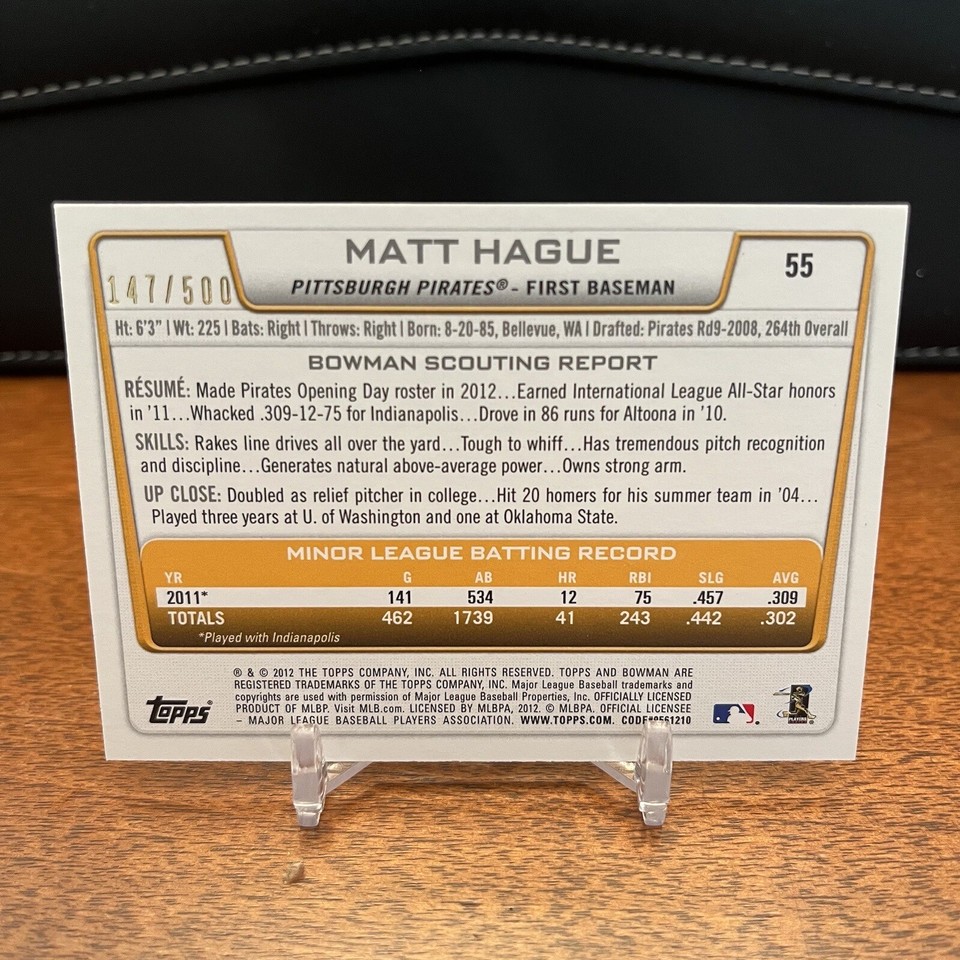 2012 Bowman Draft Blue /500 Matt Hague #55 Rookie Card RC Pittsburgh ...