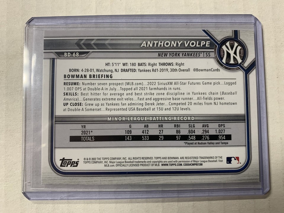 Anthony Volpe RC 2022 Bowman Draft #BD68 Yankees | eBay