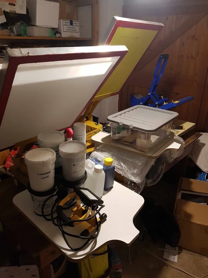 Screen printing set up, one screen used once, heat printer, table, ink ...