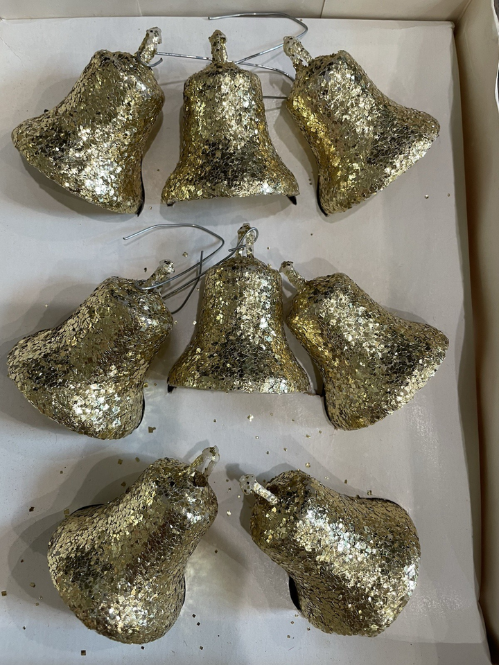 8 Bradford GOLD Glitter Bells 2 1/2" Christmas Tree Ornaments VINTAGE ...