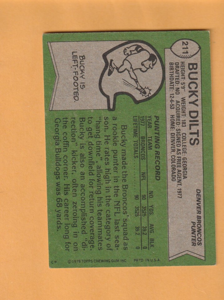 Bucky Dilts Denver Broncos AUTO Signed 1978 Topps Georgia Bulldogs 2F ...