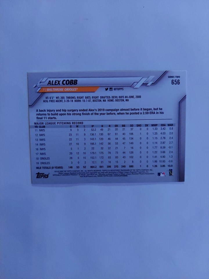 2020 Topps Alex Cobb Rainbow Foil #656 | eBay