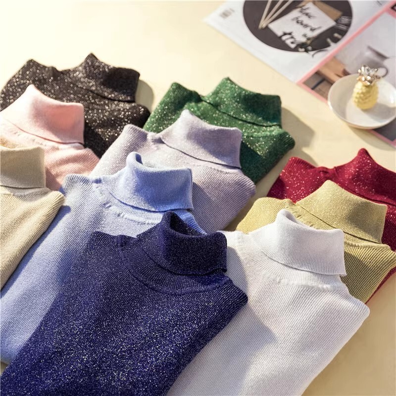 Ladies Knitted Solid Sweater Plain Top Glitter High Neck Jumper ...