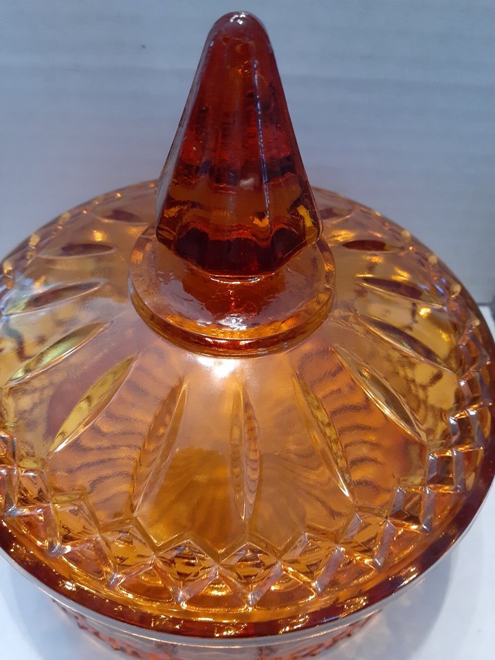Vintage Amber Covered Candy Dish Powder Jar Indiana Glass Diamond Point ...