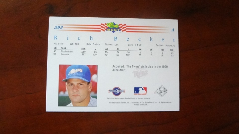 1992 CLASSIC BEST # 293 RICH BECKER BASEBALL CARD | eBay