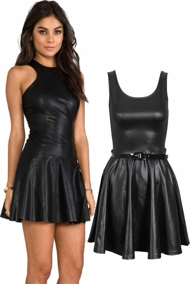 New Ladies PVC Wet Look Plus Belted Flared Celebrity Sexy Skater Dress ...