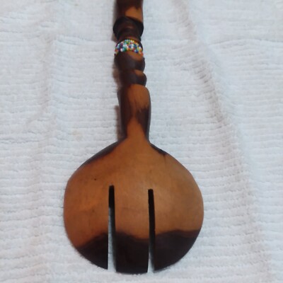 Tribal Carved Spoon Folk Art Carved Wooden Spoon/Fork With Beads | eBay