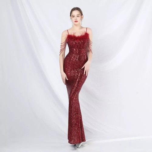Robe Costume Élégant Long Strass Chapelle Soirée Sirène Rouge Fente ...