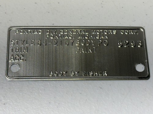 1964 Pontiac Tempest COWL DATA BODY TAG TRIM CODE PLATE | eBay